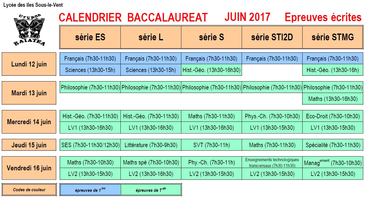 RAIATEA BAC: Calendrier Bac Polynésie 2017