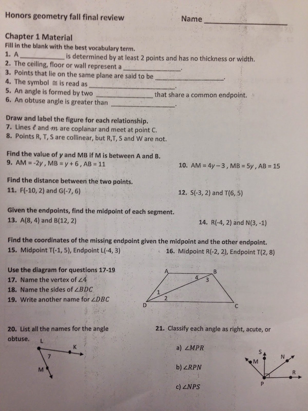 Honors Geometry - Vintage High School: Chapter 1 Fall Final Review