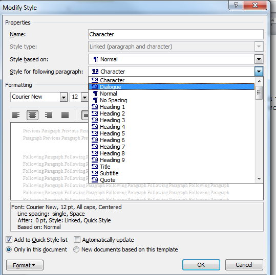 My Creative Stream: Microsoft Word script formatting