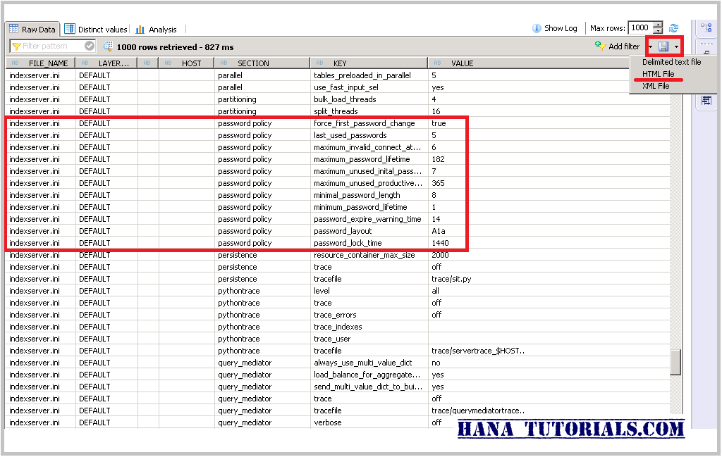 HANA Tutorials: How to list and export all HANA configuration parameters