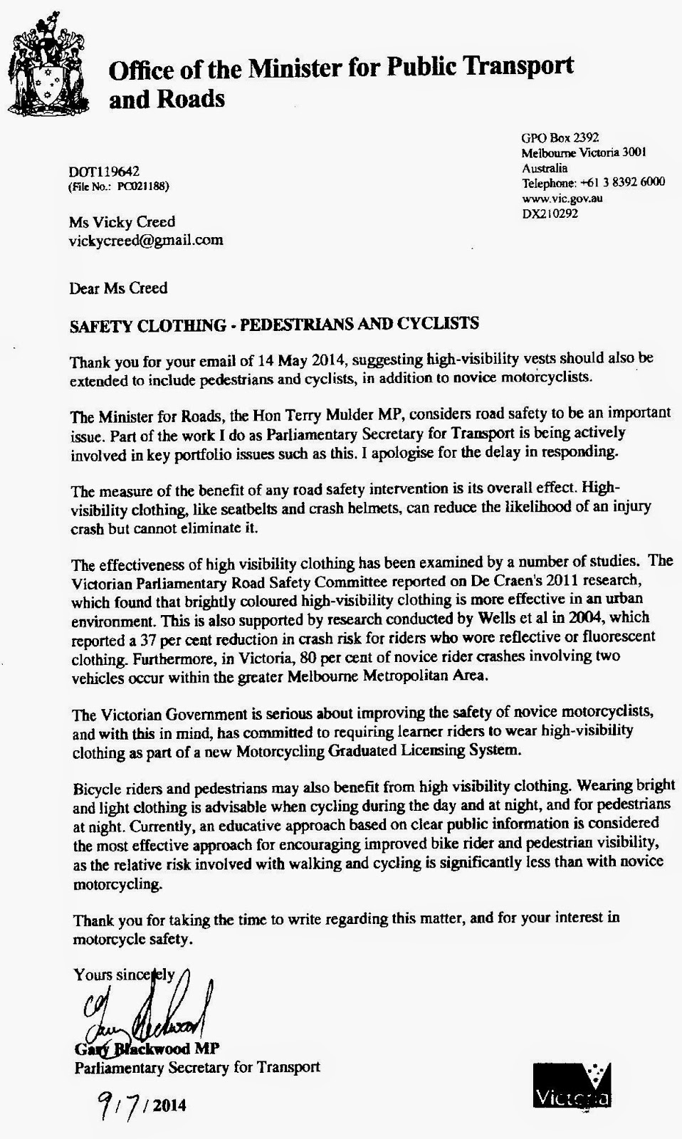 Damien Codognotto OAM: LETTER TO THE VIC ROADS MINISTER