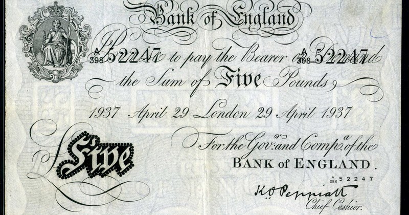 British White Five Pounds Note Britannia, Bank of England - White Fiver ...