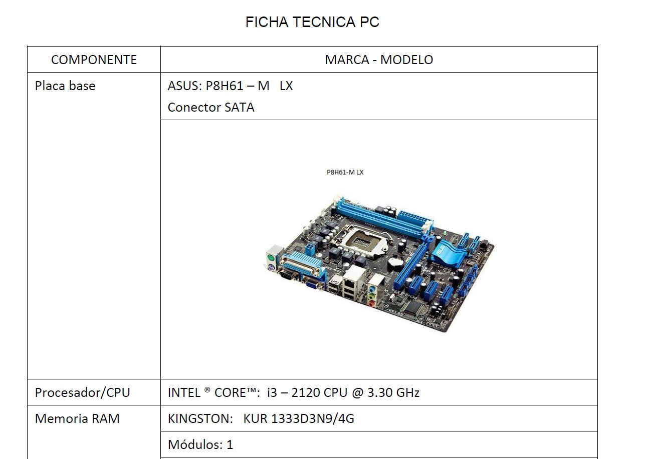 Montaje y mantenimiento de sistemas microinformáticos: FICHA TÉCNICA PC