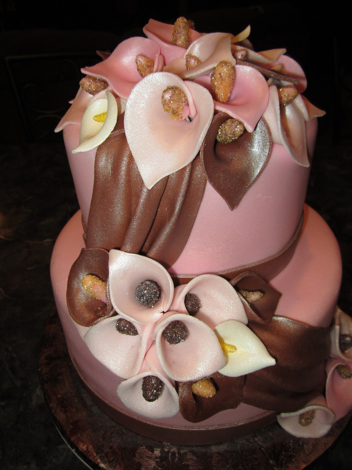 MyMoniCakes: Pink & Brown Gumpaste Calla Lilly Cake with Drapping