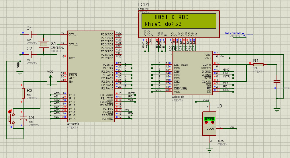 Mạch Nhiệt độ LM35 - ADC0804 - Hiển thị LCD 16x2