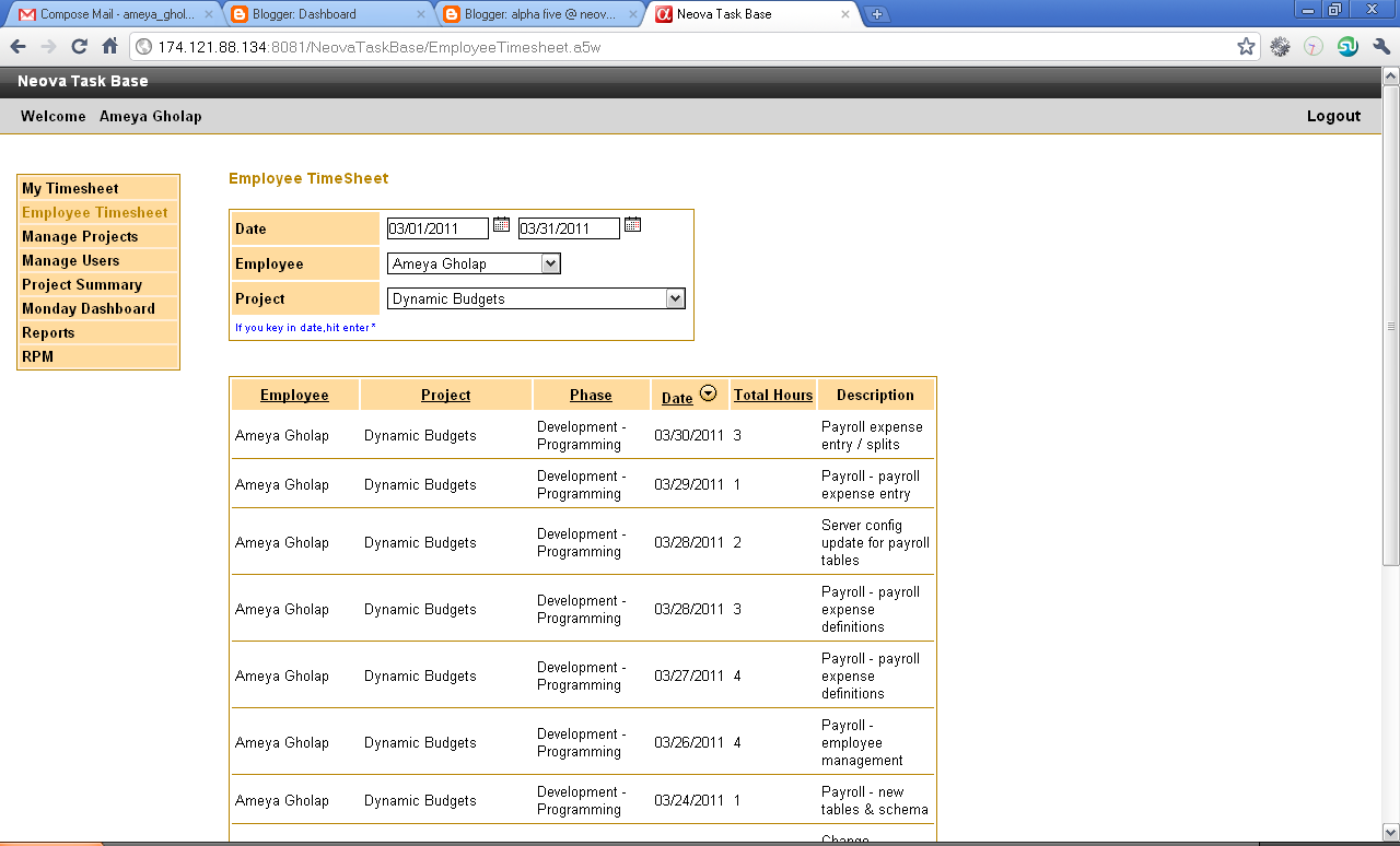 alpha five @ neova: Neova Task Base - Employee Timesheet