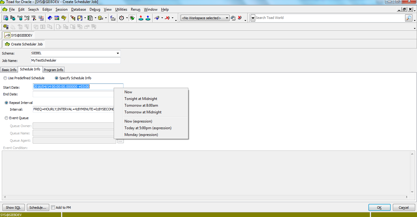 How to create a Simple Scheduler Job in Oracle Database using Toad