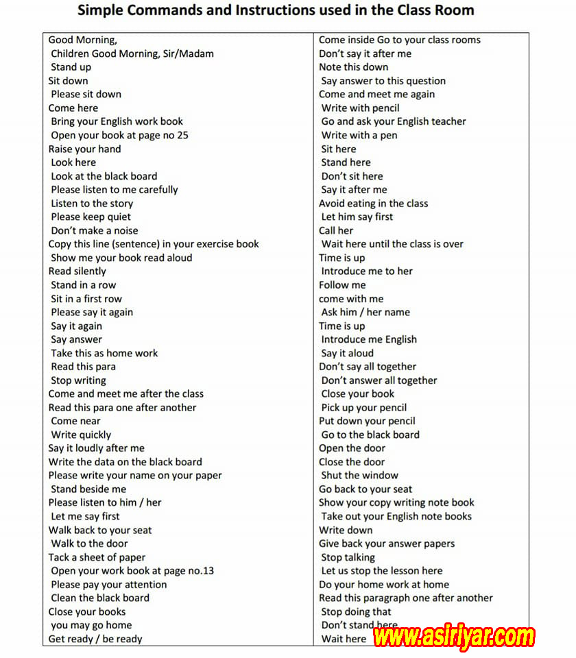 SIMPLE ENGLISH COMMANDS INSTRUCTION FOR TEACHERS USE IN CLASSROOMS SIMPLE ENGLISH COMMANDS INSTRUCTION FOR TEACHERS USE IN CLASSROOMS