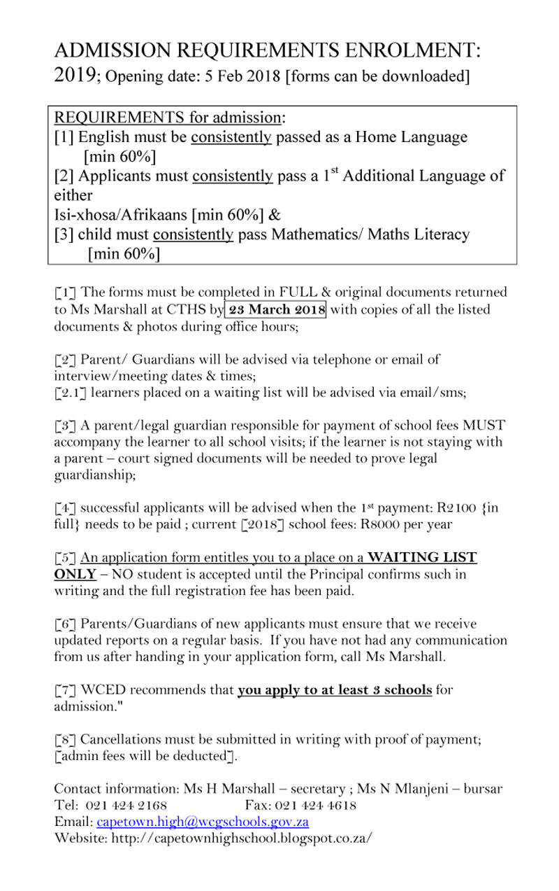 Cape Town High School: CTHS Application Forms & Info for 2019 - 5 Feb '18