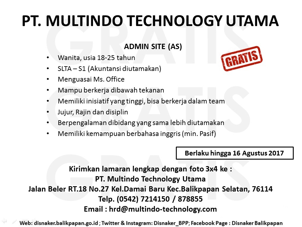 Lowongan Kerja Kota Balikpapan: Lowongan PT. MULTINDO TECHNOLOGY UTAMA