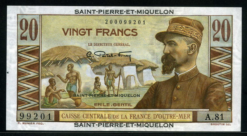 Saint Pierre and Miquelon banknotes 20 Francs banknote, Émile Gentil ...