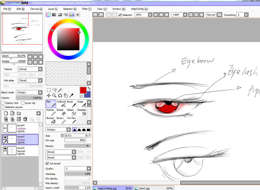 Tutorial Glowing eyes Technique coloring addition on paint tool sai.