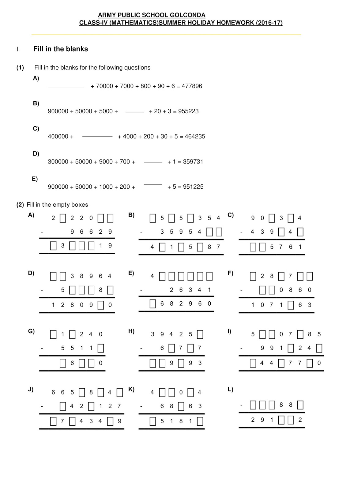 Tripurasundari: Holiday home work -Mathematics for class IV