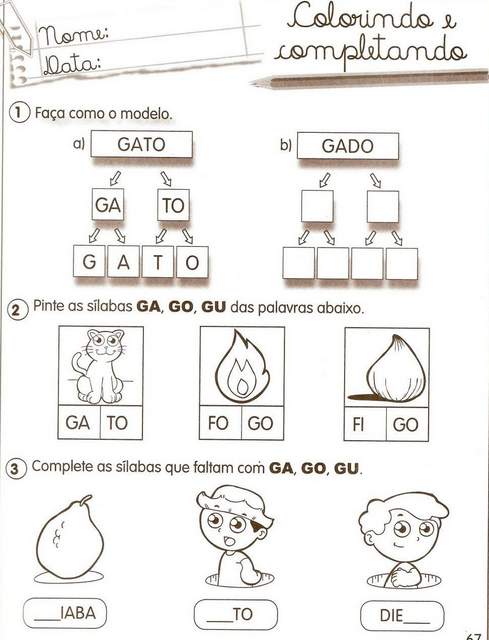 Atividades de alfabetização : Sílabas ga go gu