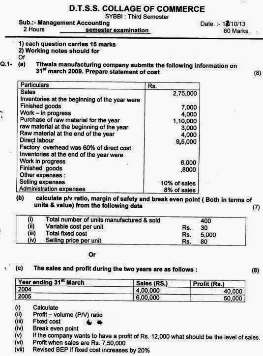 Question Papers Collection: SY B & I Sem III - Management Accounting