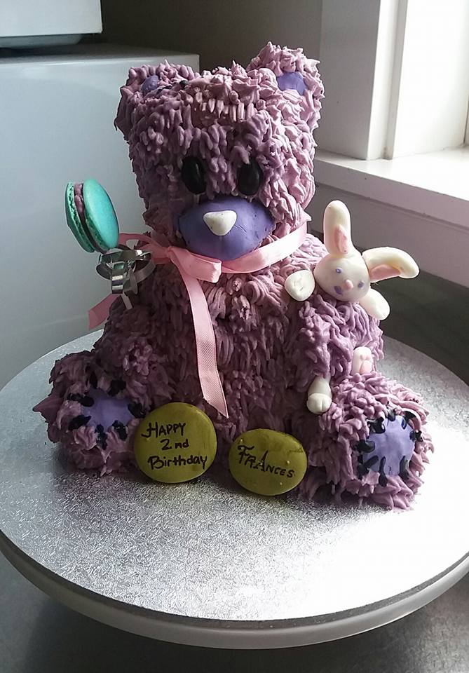purple teddy bear cake with macaron