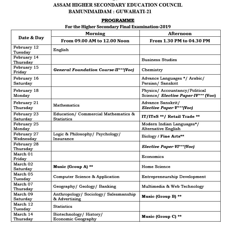 Assam HS Final Year (12th Class) Examination Time Table 2019 - EdNewz