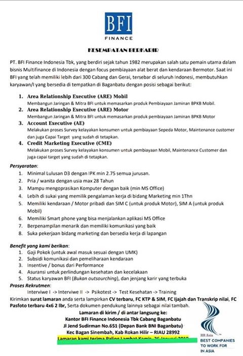 Lowongan Keraj BFI Finance Bagan Batu 2019 | Lowongan Kerja Medan ...