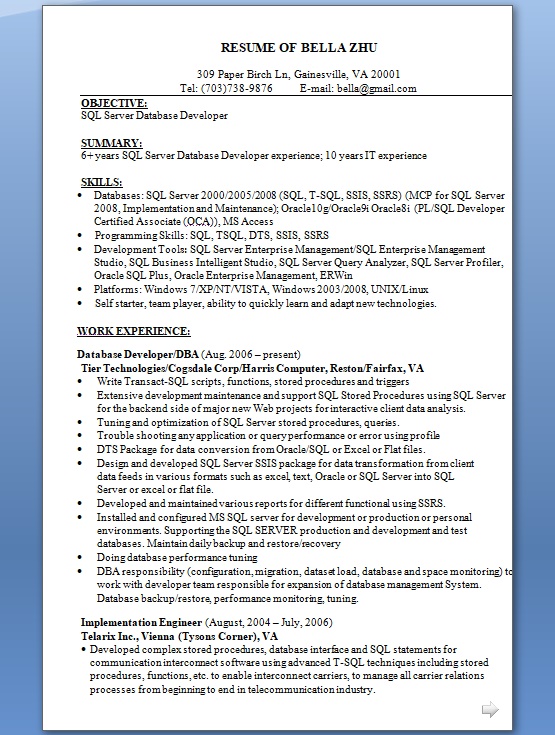 SQL Server Database Developer Sample Resume Format in Word Free Download
