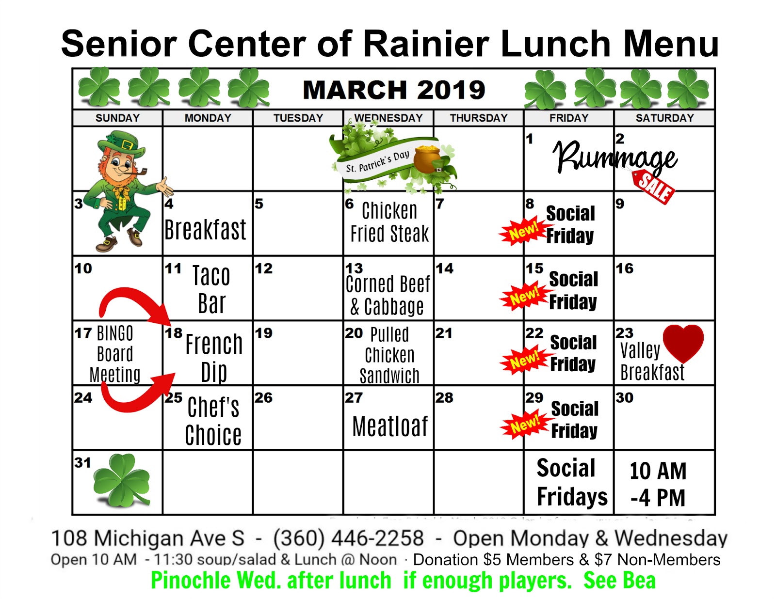 Senior Center of Rainier News: March 2019 Lunch Menu