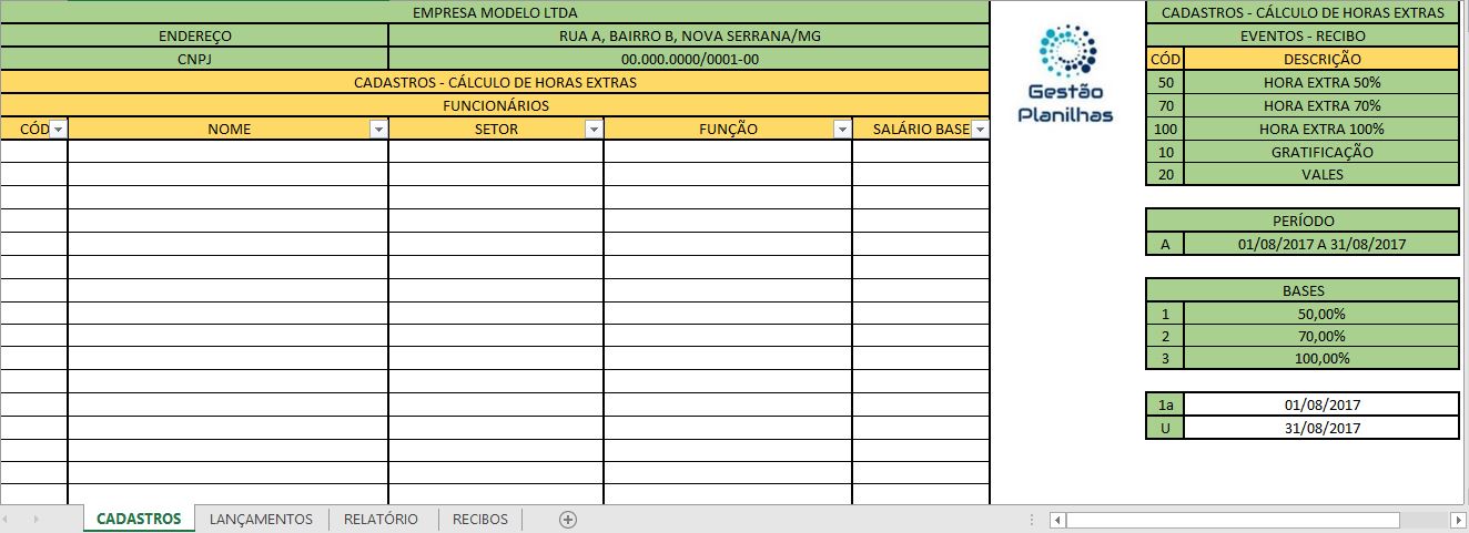 Planilha para Cálculo de Horas Extras