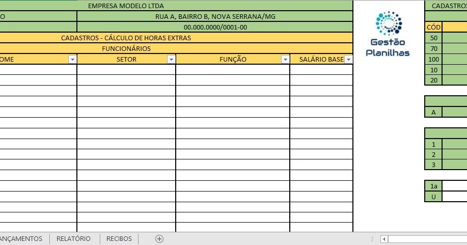 Planilha para Cálculo de Horas Extras