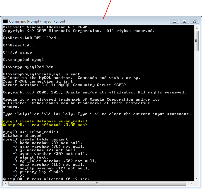 Relasi antar table di Command Prompt.