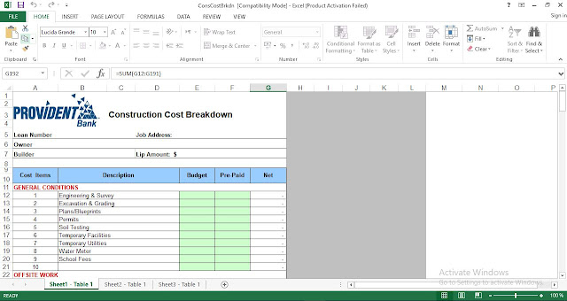 Construction Cost Breakdown Excel Template