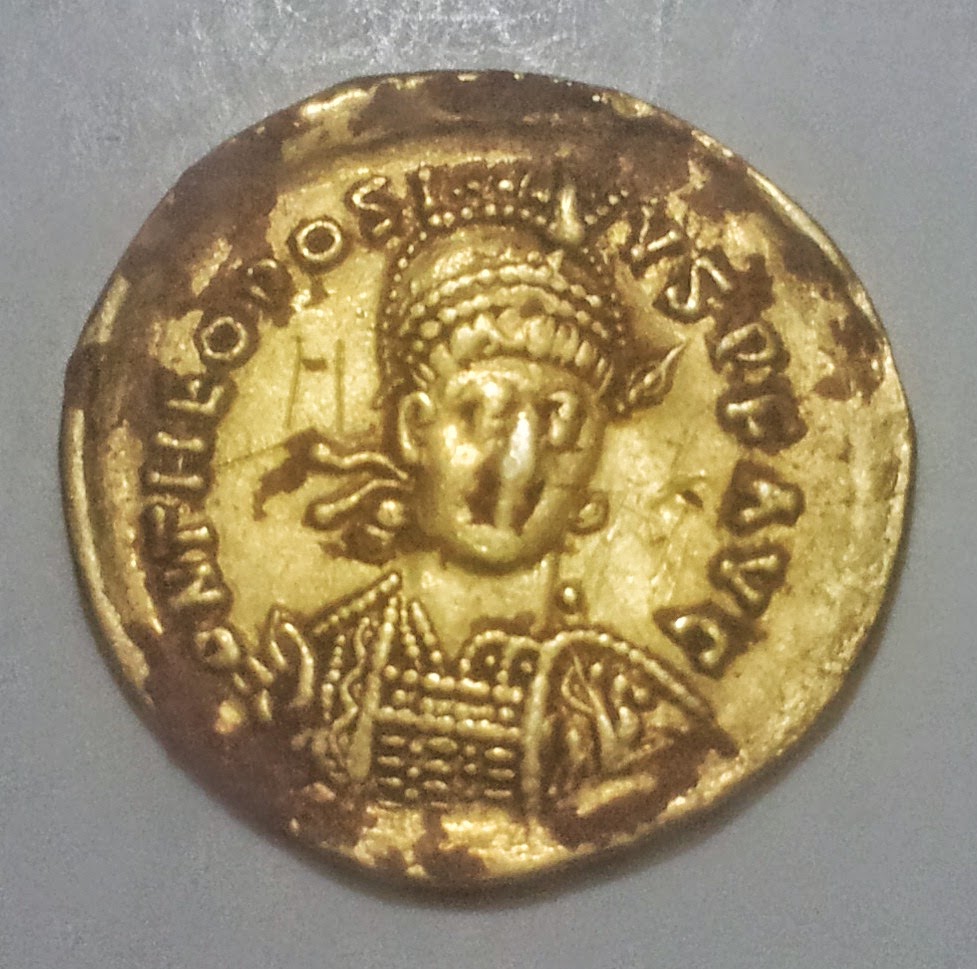 silvium antiques: Roman Gold Solidus Coin of Emperor Theodosius II - 443 AD