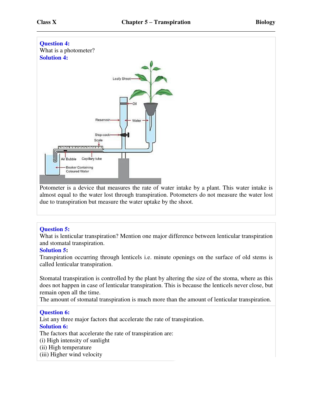 Consise Biology Class 10 Chapter 5 Transpiration exercise Solutions ...