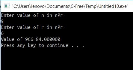 All C Programs: Program 178:To Calculate Combination value nCr