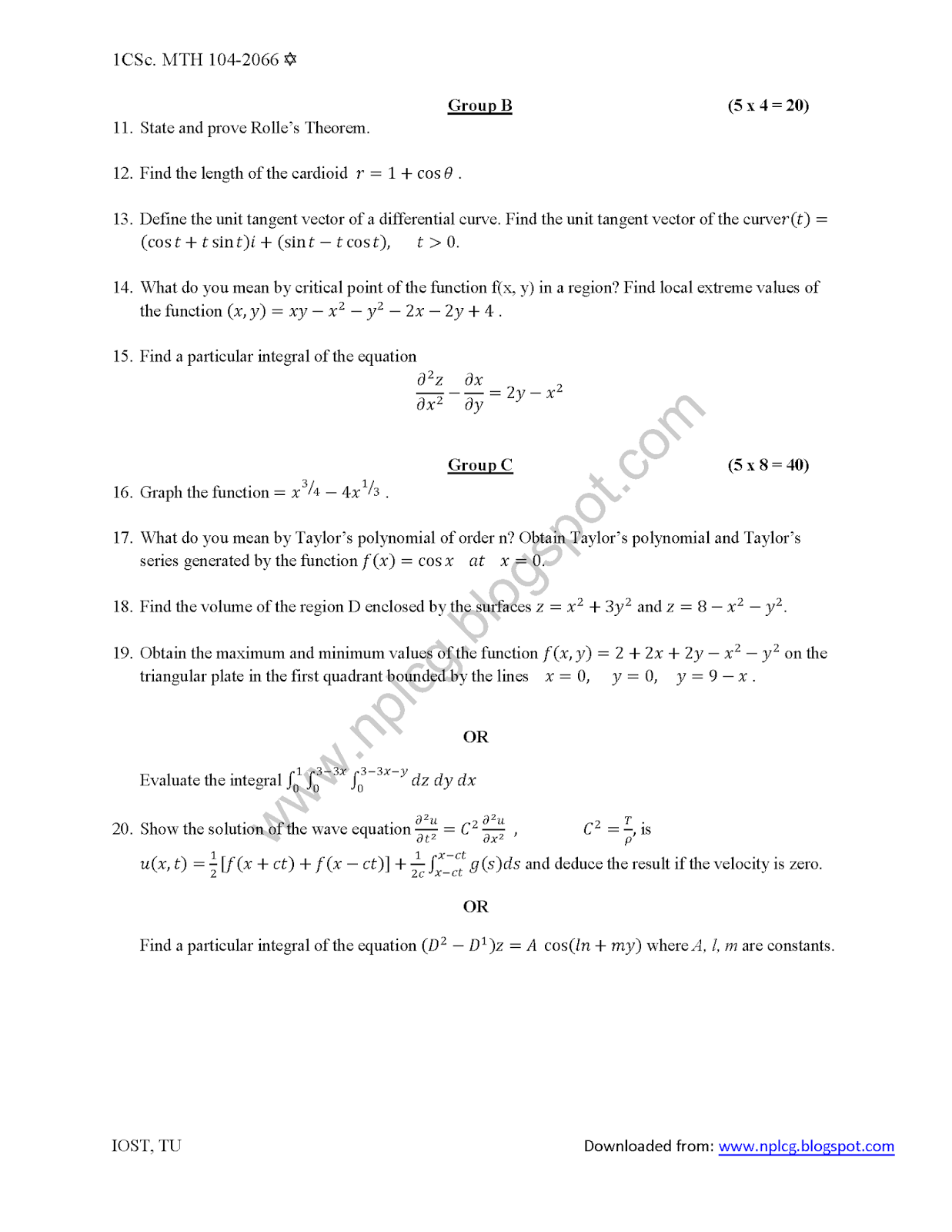Calculus and Analytical Geometry | Question Paper 2066 | CSIT TU ...
