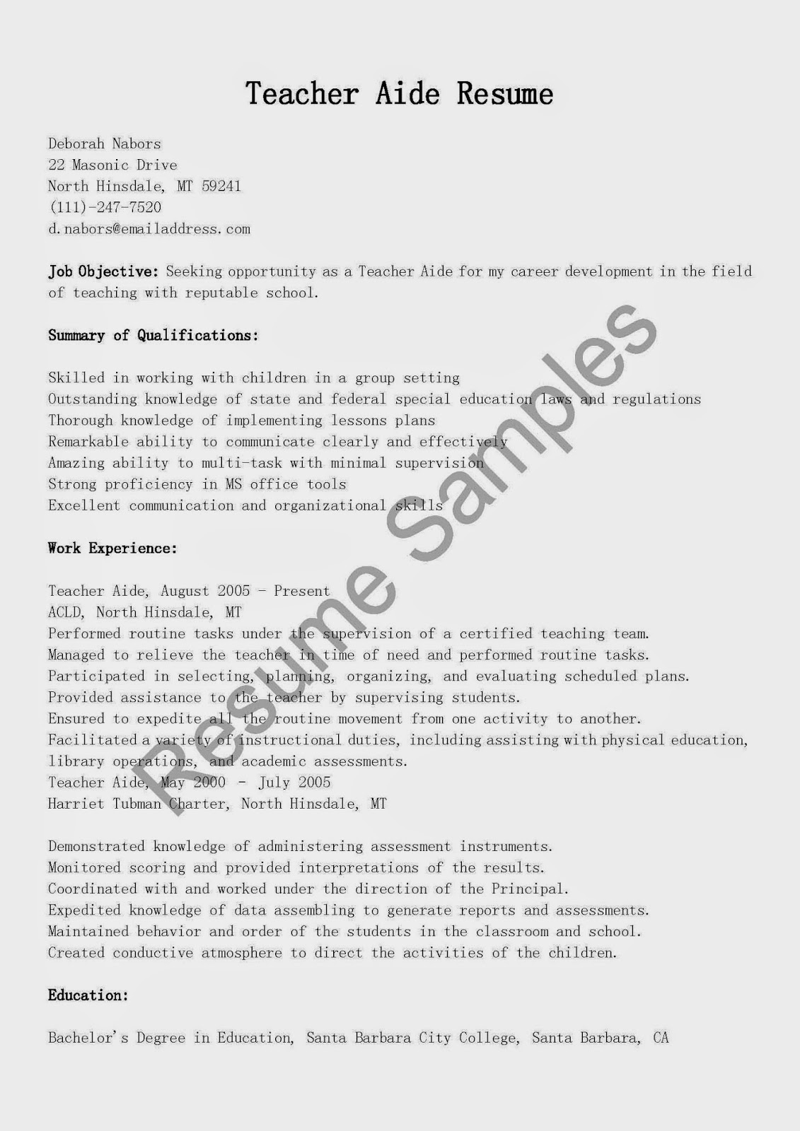 Resume Samples: Teacher Aide Resume Sample