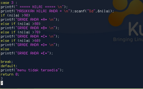 CONTOH PROGRAM SWITCH CASE (BAHASA C)