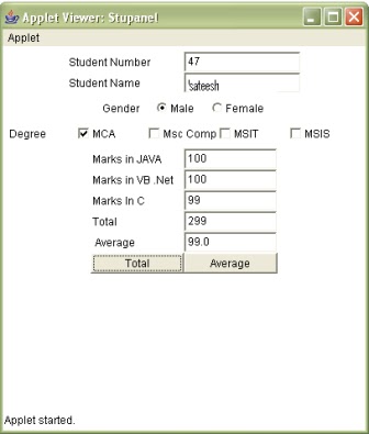 Java program codes: Student details form using java