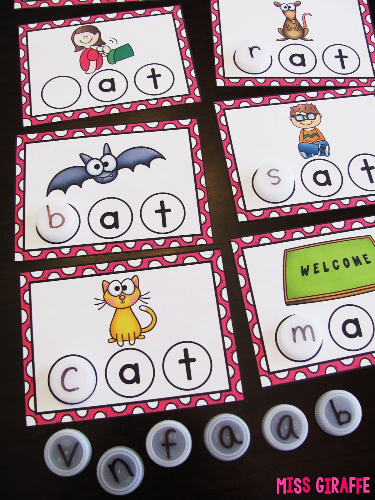 Miss Giraffe's Class: Bottle Cap CVC Word Building Centers