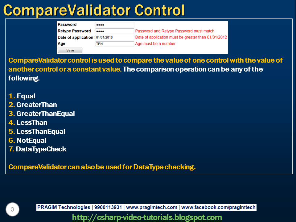 Sql server, .net and c# video tutorial: Part 46 – CompareValidator control