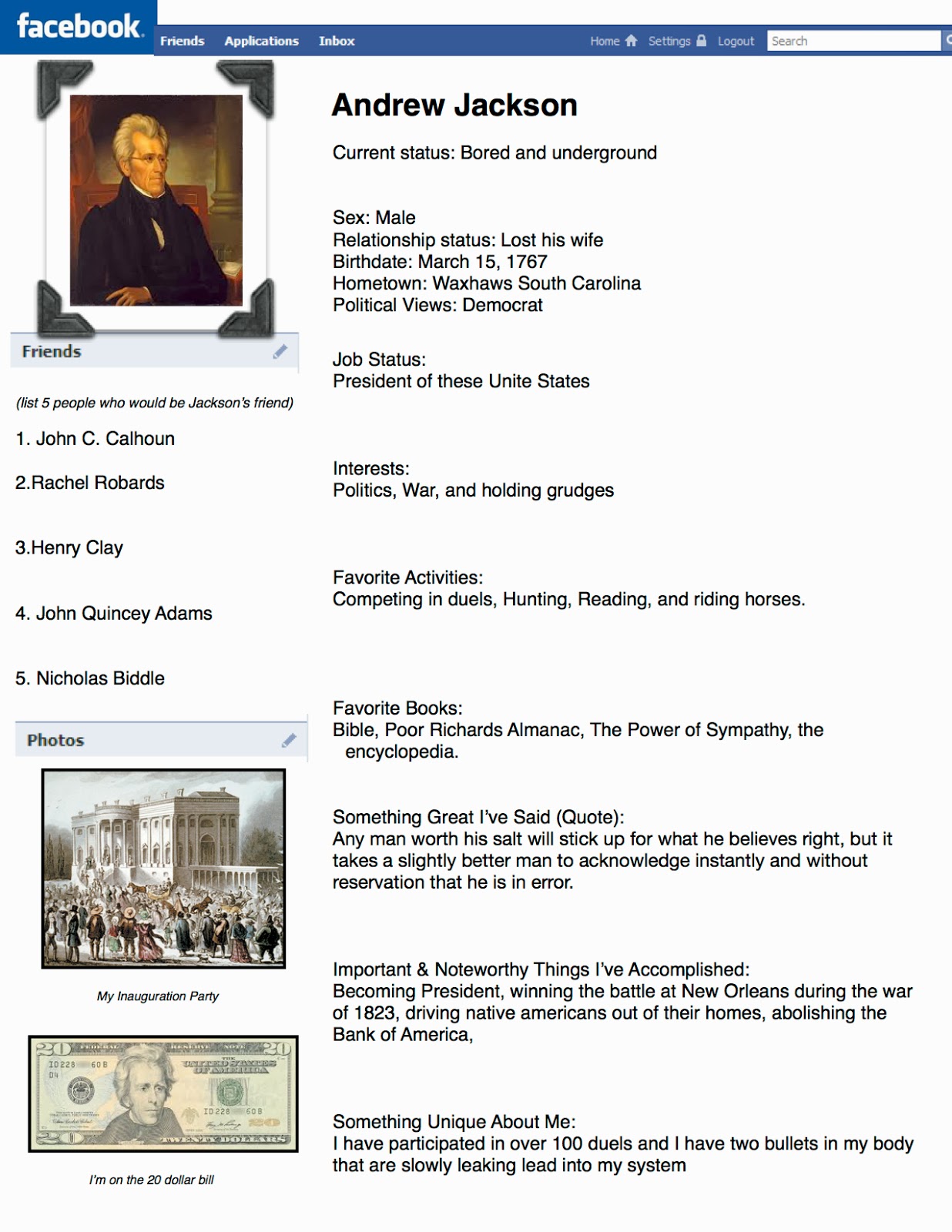Mrs. Mooney's Teaching World: Andrew Jackson's Facebook Profile