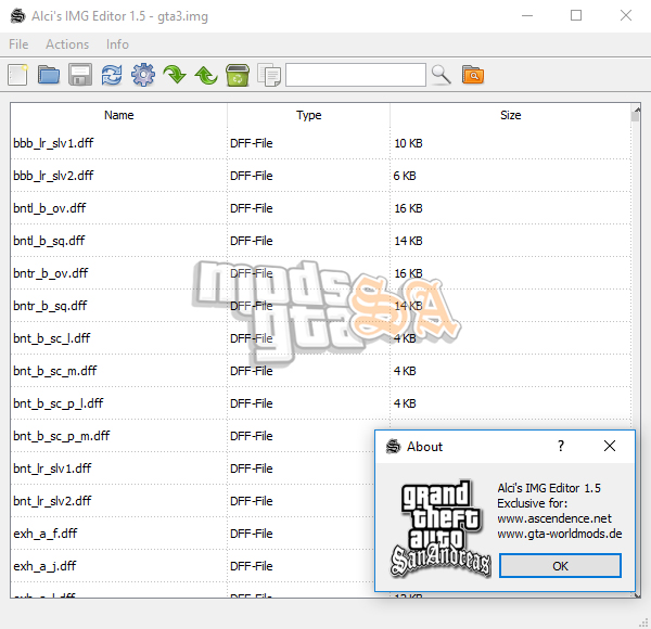 Mods GTA San Andreas: Alci's IMG Editor 1.5