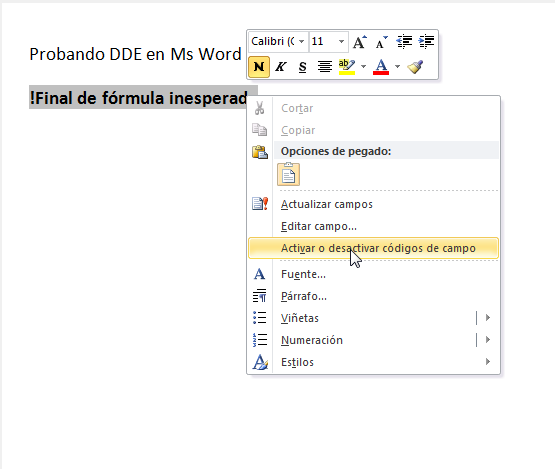 Ejecución de comandos en Ms Word sin macros (DDE)
