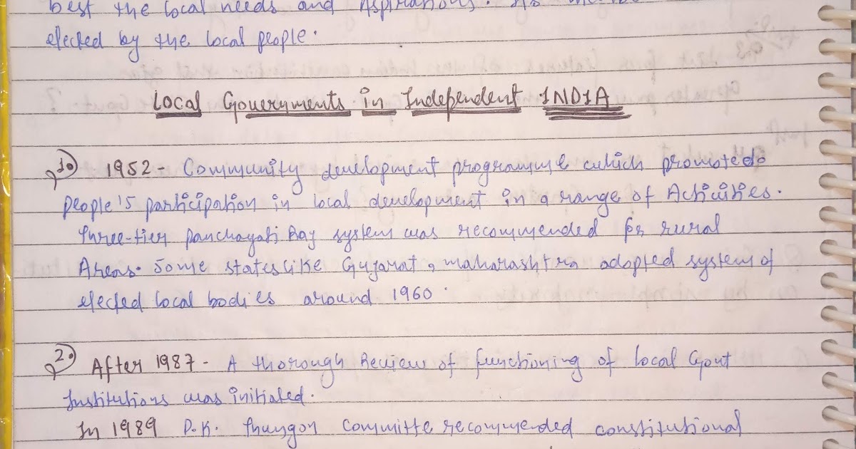 Handwritten Notes of Local Governments-class 11th-Political Science