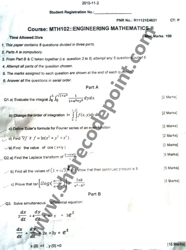 MTH102 : Engineering Mathematics - II End Term Exam Question Paper