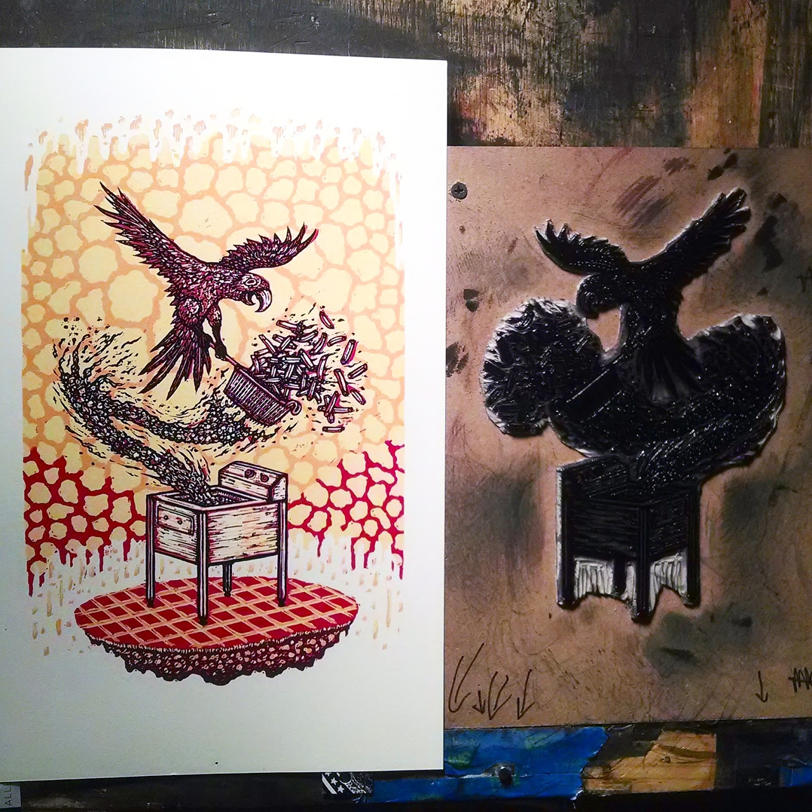 JESSE SHAW: "frycook" color reduction linocut print