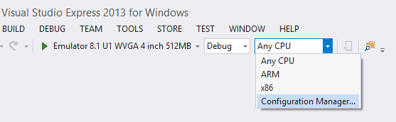 In the next dialog, we note that we have several choices of platforms, Any CPU (the default ...