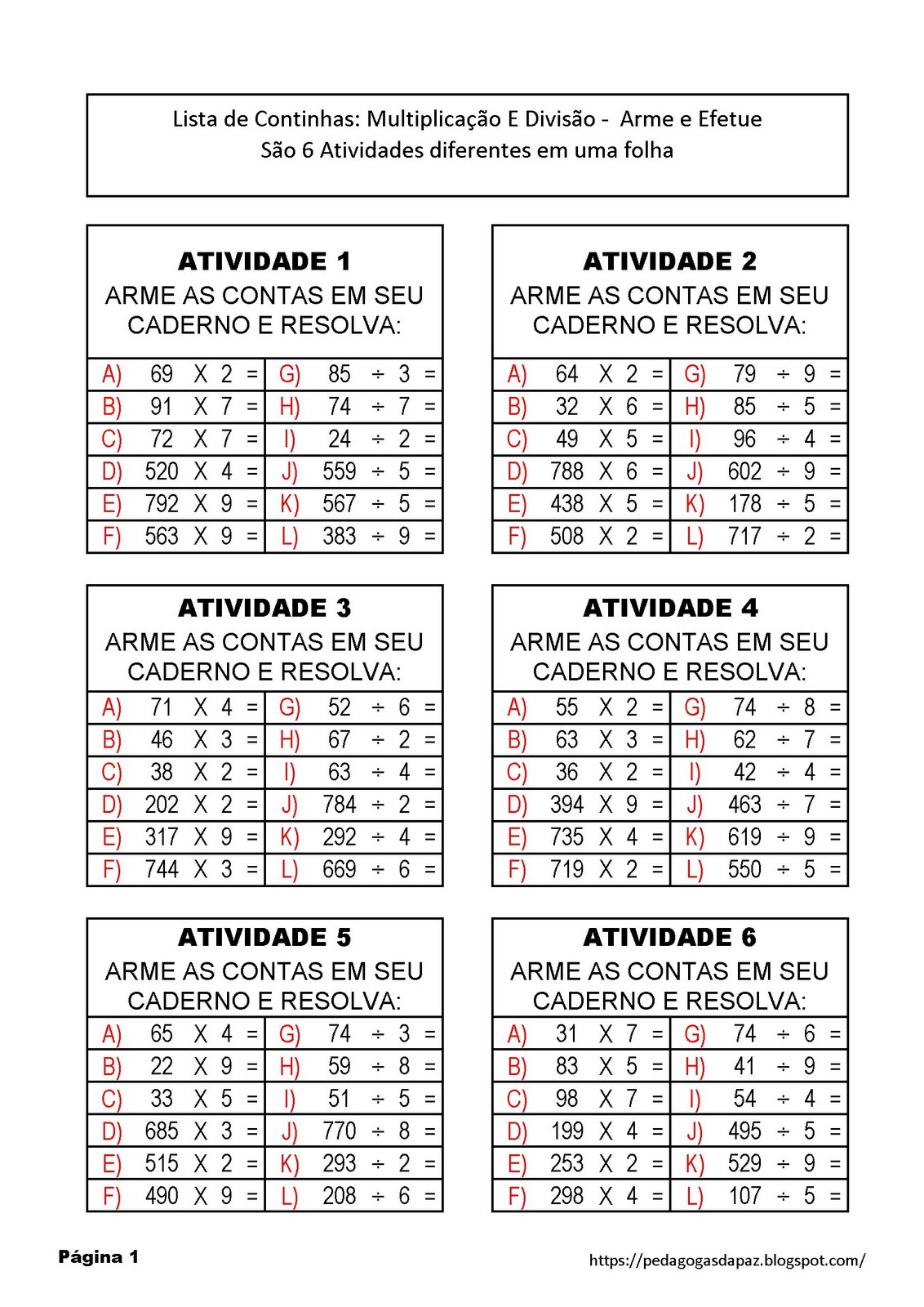Só Continhas: Lista de Continhas De Multiplicação e Divisão, Atividades ...