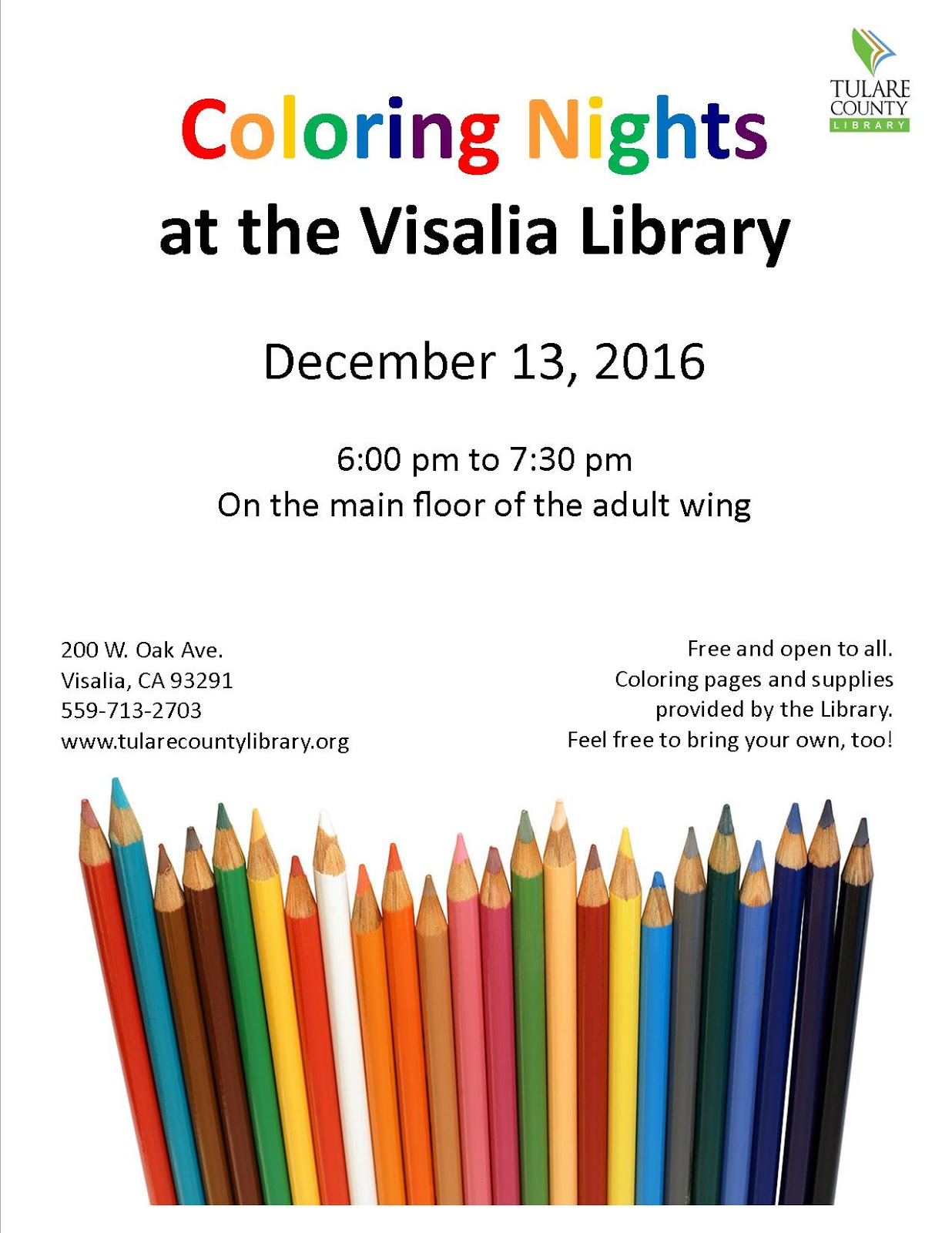 Tulare County Library News and Events: Adult Coloring, 12/13 at 6 pm ...