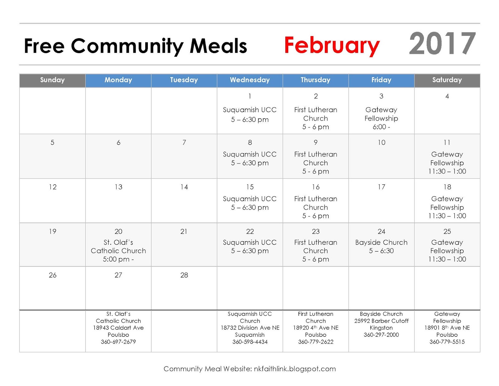 Faith LiNK: February 2017 Free Community Meals