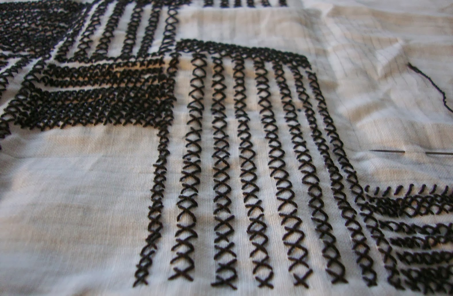 broderier sömmar stygn: Svarta korsstygn bildar fält och fåror