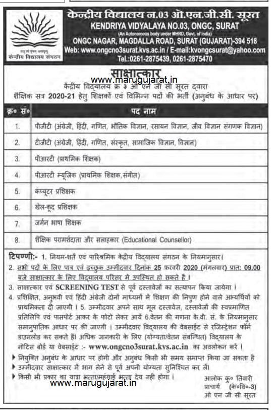 Kendriya Vidyalaya, ONGC, Surat Recruitment For Teacher & Other Posts ...