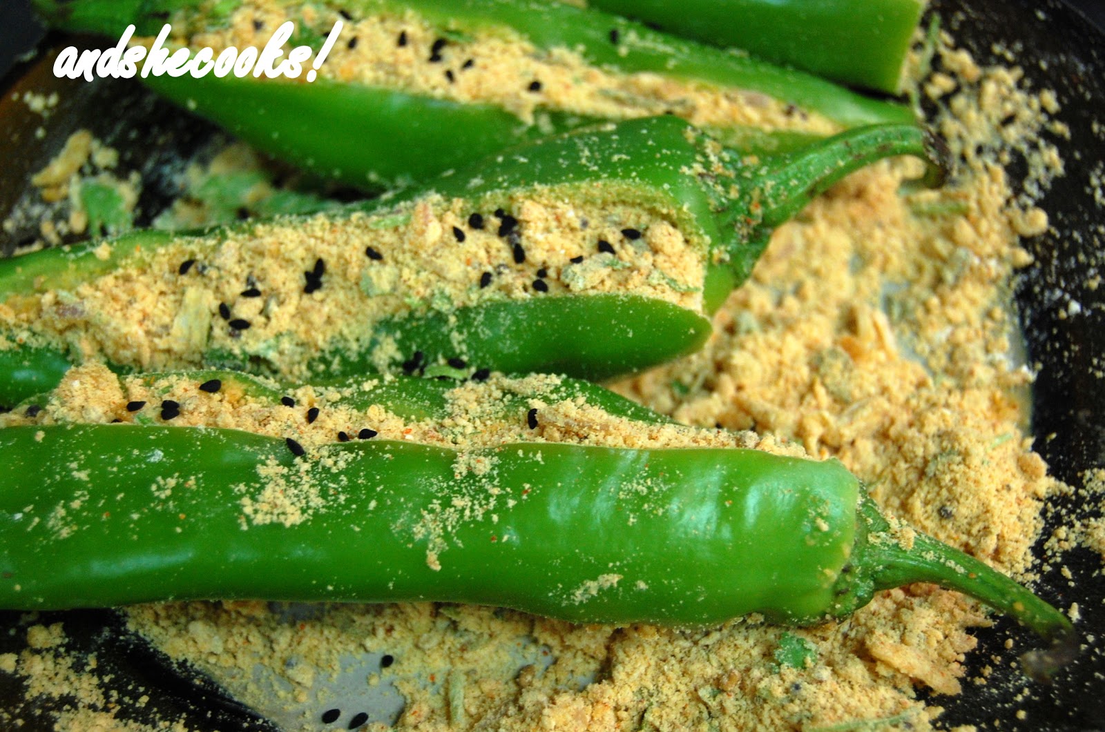 AndSheCooks!: Bharva Mirchi- Stuffed Green Chilli Peppers with Besan or ...
